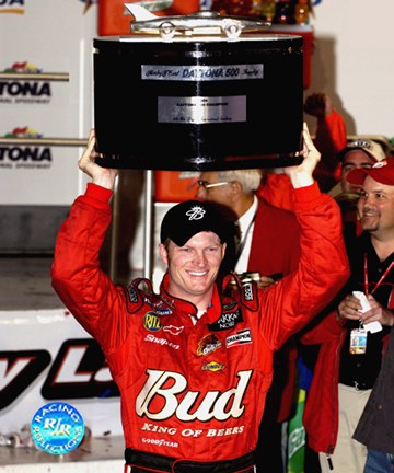 Dale Earnhardt, Jr. holding 2004 Daytona 500 trophy Fine Art Print by Unknown at FulcrumGallery.com